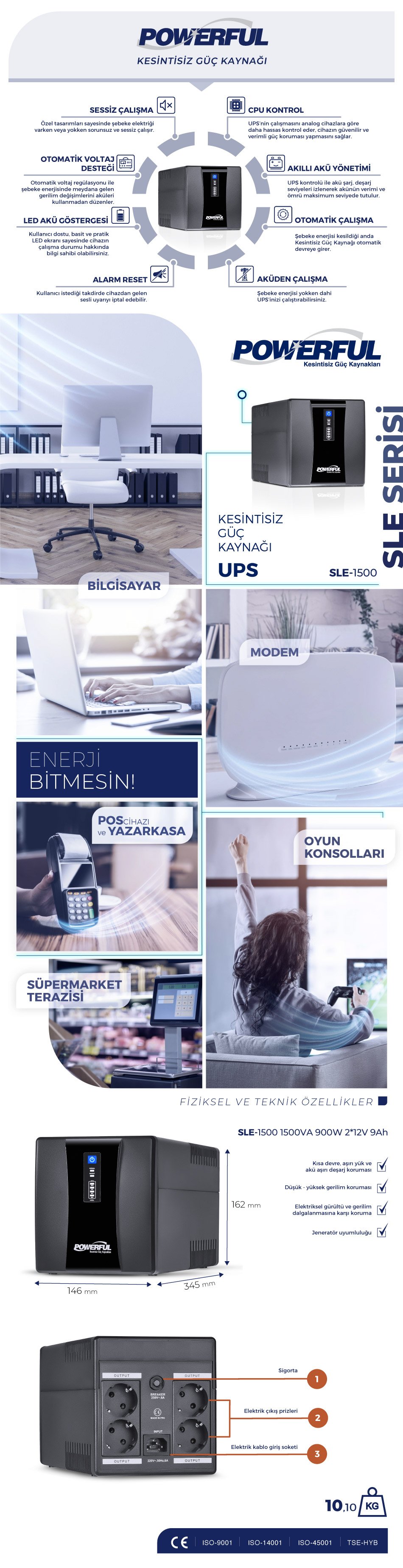 Powerful SLE-1500 1500VA Line Interactive UPS Kesintisiz Güç Kaynağı